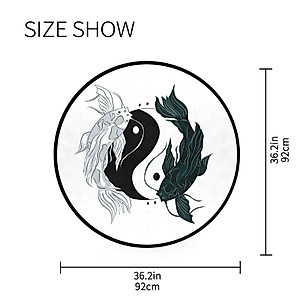 Koi Fish Yin Yang Japanese Area Rug Round 3 ft Washable for Bedroom Living Room Black White Carp Circle Rug Mat Non Slip Carpet Decor Floor Mat for Bathroom Kitchen Dorm