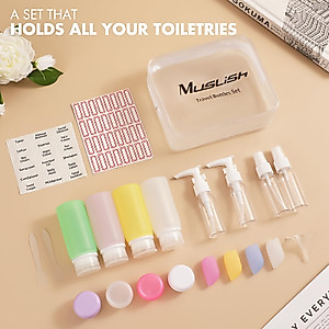 Muslish 21 Pack Leak Proof Silicone Travel Bottles Set, TSA Approved Containers for Toiletries, Travel Size Accessories and Shampoo Conditioner Bottles with Toiletry Bag (BPA Free)