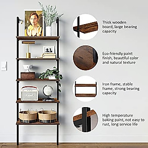HITIK 5 Tier Wall Mounted Bookshelf, 72 Inches Tall Ladder Shelf with Metal Frame and Wood Board, Modern Industrial Bookshelf for Bedroom, Office, Living Room, Hallway