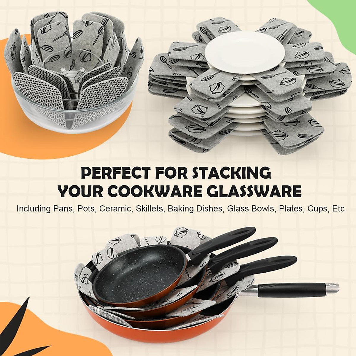 Pot and Pan Protectors, Set of 12 and 3 Different Size, Cookware Protector Set/Pots and Pans Dividers/Pans Separator Anti-Slip to Avoid Scratching or Marring When Stacking