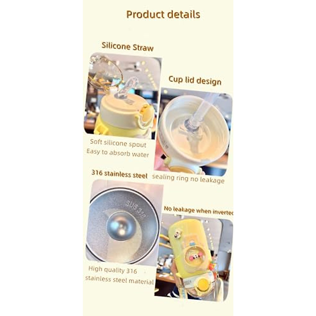 Kawaii Bear Straw Water Bottle with Shoulder Strap, Leak-proof Stainless Steel Vacuum BPA free Cute Insulated Water Bottles and Kawaii Stickers for Girls School Office(Pink)