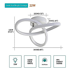 AUA LED Ceiling Light, Modern Semi Flush Mount Ceiling Lights Fixture, 22W Cool White 6500K Hallway Light Fixtures Ceiling Lamps for Kitchen Dining Room Living Room Bedroom Spiral Design