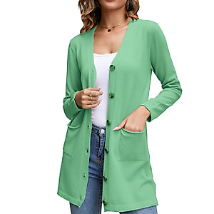 Women's Open Front V-Neck Soft Knit Cardigan Button Down Long Sleeve Sweater with Pockets Mustard Green