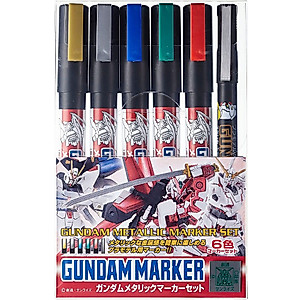 MR.HOBBYミスターホビー GMS121 Gundam Metallic Marker Set, Paint Type, Felt Tip Pens, for Painting Gunpla, 5 Colours & GM20 Brush Type Black, Set of 6, Chisel