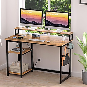 GreenForest Computer Desk with USB Charging Port and Power Outlet, Reversible Home Office Desk with Monitor Stand and Shelves for Small Space, 47 inch Work Desk with Cup Holder and Hook, Walnut