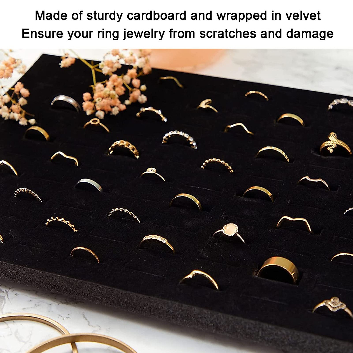 UPQRSG Ring Holder Display Tray, 50 Slots Black Soft Velvet Ring Organizer, Jewelry Organizer Stand, Stud Earring Holder Organizer for Selling Rings Earrings Show