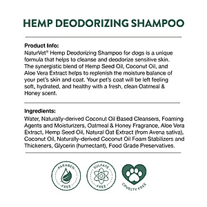 NaturVet – Hemp Deodorizing Shampoo for Dogs - Plus Oatmeal & Honey – 16 oz – Gently Cleanses & Deodorizes Skin & Coat – Enhanced with Hemp Seed Oil, Coconut Oil & Aloe Vera Extract