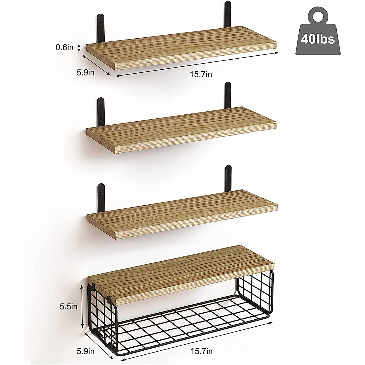 Longzhuo 4+1 Tier Floating Shelves, Rustic Wood Wall Shelf, Bathroom Shelves Over Toilet with Wire Storage Basket, Farmhouse Wall Decor for Bedroom, Kitchen, Living Room and Plants, Brown