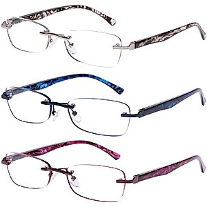 DOOViC 3 Pack Rimless Reading Glasses For Women Lightweight Elegant Blue Light Blocking Readers, Tinted Edge/Spring Hinge 2.00 Strength