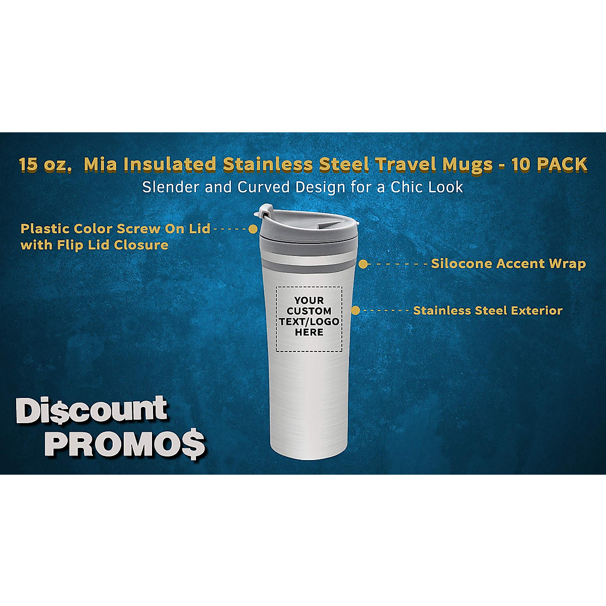 Personalized 15 oz. Mia Insulated Stainless Steel Travel Mugs - 10 pack Custom Text, Logo - Grey