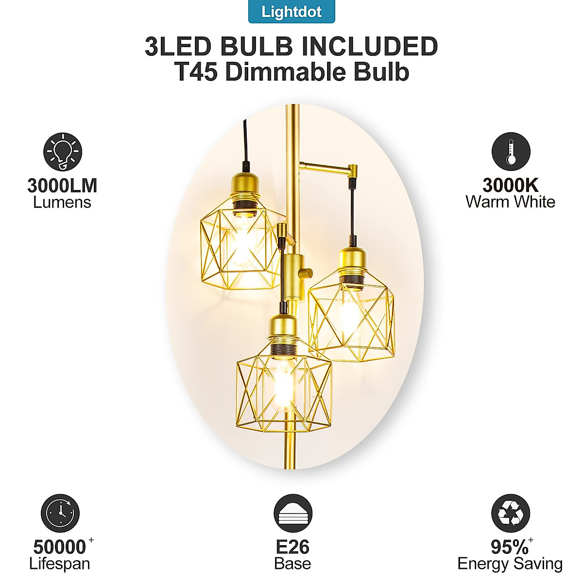 Lightdot 68IN Dimmable (Brightness Adjustable) Floor Lamp Diamond Cage Gold Tree Floor Lamps for Living Room 3000K Warm Soft Brightness LED Standing Lamp - E26 LED Bulb Included