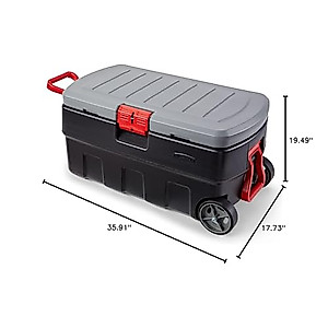 Rubbermaid ActionPacker 35 Gal Wheeled Lockable Storage Bin with Lid, Heavy-Duty Water Repellent Industrial Container with Built-In Durable Wheels, Great Tool Organizer, Truck Bed Storage, and More