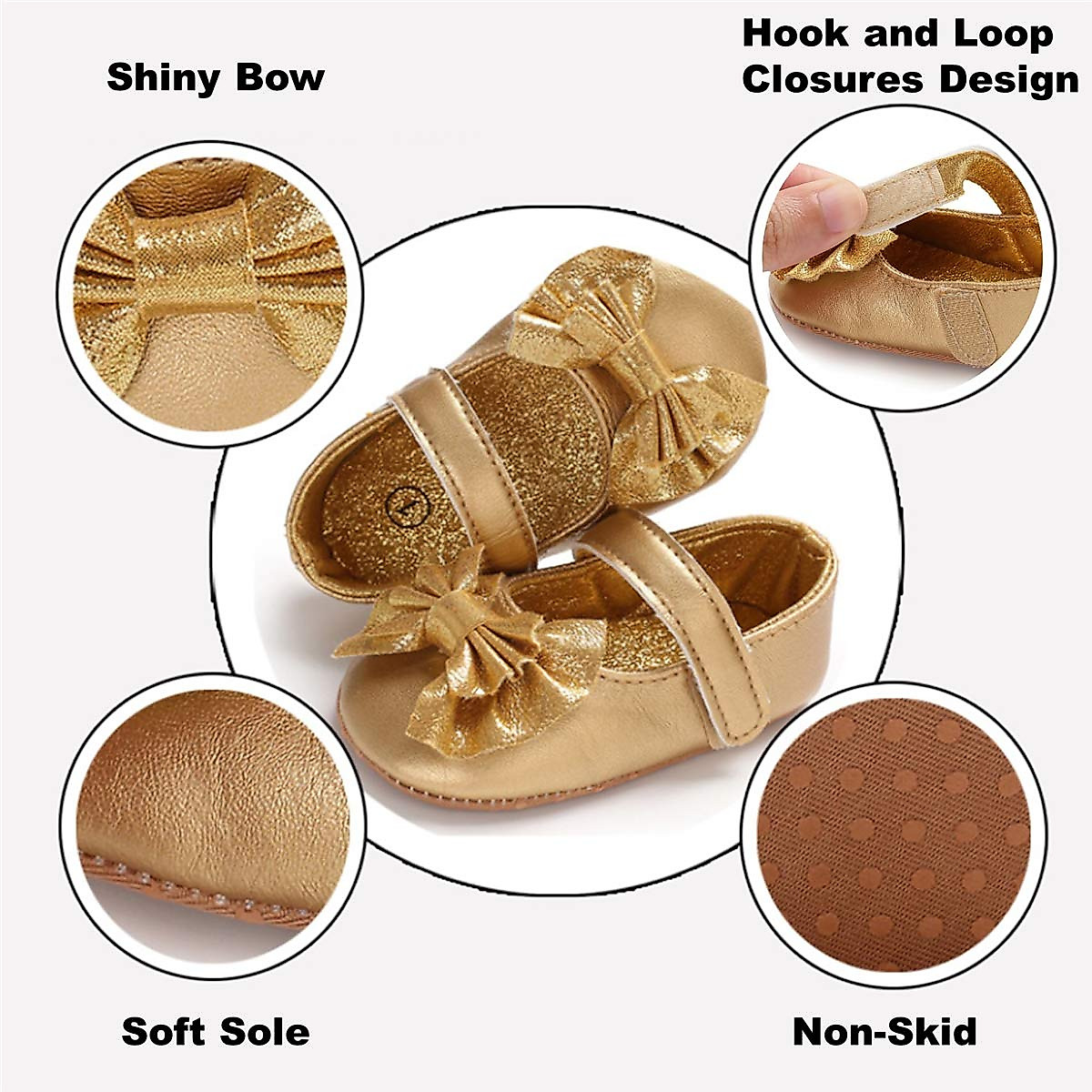 BENHERO Infant Baby Girls Mary Jane Flats Shoes with Bowknot Non Slip Soft Sole PU Leather First Walker Cirb Shoes Toddler Princess Wedding Dress Shoes(0-6 Months Infant),A-Gold
