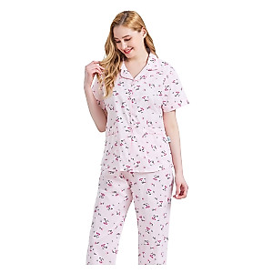 GLOBAL Women's 100% Cotton Pajama Sets | Two-Piece Soft Short-Sleeved and Long Pants PJs for Spring and Summer | Button Down Front Top and Drawstring Waist Bottom Nightwear