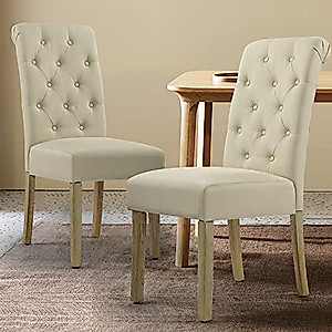 thksbought Set of 2 Dining Chairs,Advanced Knitting Cushion with Button Decoration,Armless All Wooden Legs for Kitchen,Bedroom,Dining Room(TAN)