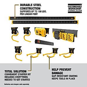 DEWALT Tool Organizer, Wall Mount, Kit for Lawn & Garden Tools, Includes Hooks, 2 Metal Rails, Charger Mount and Magnetic Power Strip, DEWALT Workshop Storage System Compatible (DWST82826)