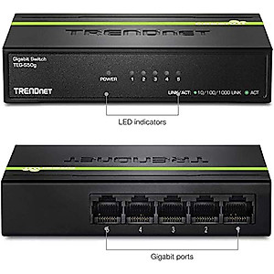 TRENDnet 5-Port Mini Gigabit Switch, TEG-S50g, GREENnet Technology, NDAA + TAA Compliant, Desktop Metal Ethernet Network Switch, 5 x Gigabit Ports, Fanless, Lifetime Protection, Black