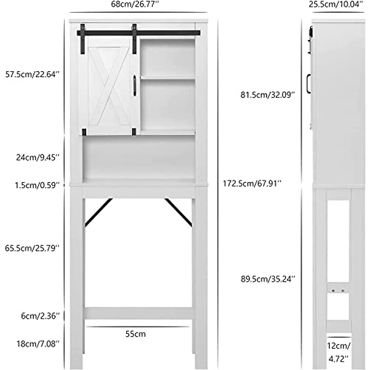 Farmhouse Over The Toilet Storage, Freestanding Over Toilet Bathroom Organizer with Sliding Barn Door, Space Saver Toilet Stands for Bathroom, 68 Inch, White