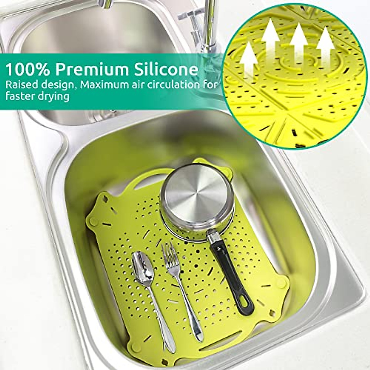 Silicone Trivet Mat, Hot Pot Holder Hot Pads for Table & Countertop, Teapot Trivet Kitchen Trivets, Dish Drying Mat, Non-Slip & Heat-Resistant Silicone Mat, Green 14.6"x12"