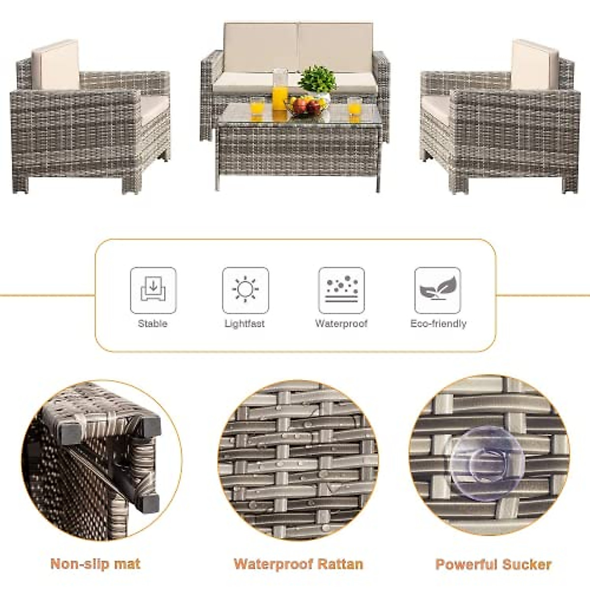 Flamaker 4 Piece Patio Furniture Outdoor Rattan Conversation Sofa Set with Patio Table and Chairs for Porch Backyard Poolside (Grey)