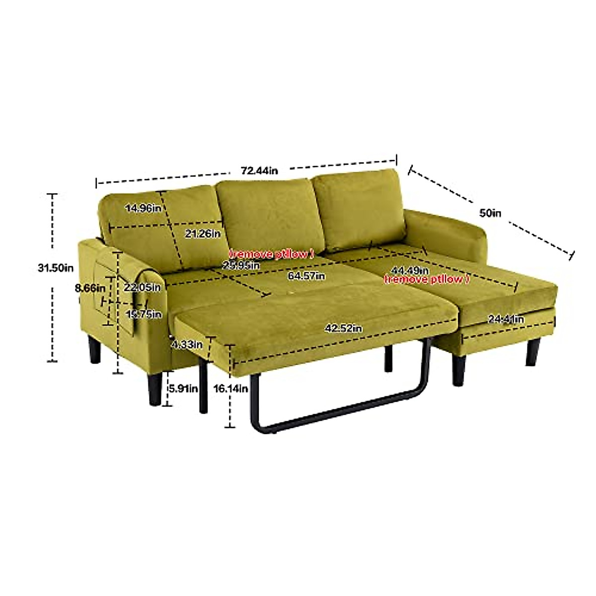 Verfur Convertible Sofa Sleeper Pull Out Bed, 3-Seater L-Shaped Couch with Storage Chaise and Side Pockets, Soft Upholstered Corner Sofa&Couches Sectional, Olive 72.44"
