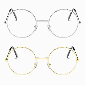 SOHUPAC 2 PCS Classic Round Glasses Retro Circle Eyeglasses Clear Lens Metal Frame Accessories Non-Prescription For Men Women (Silver+Gold)