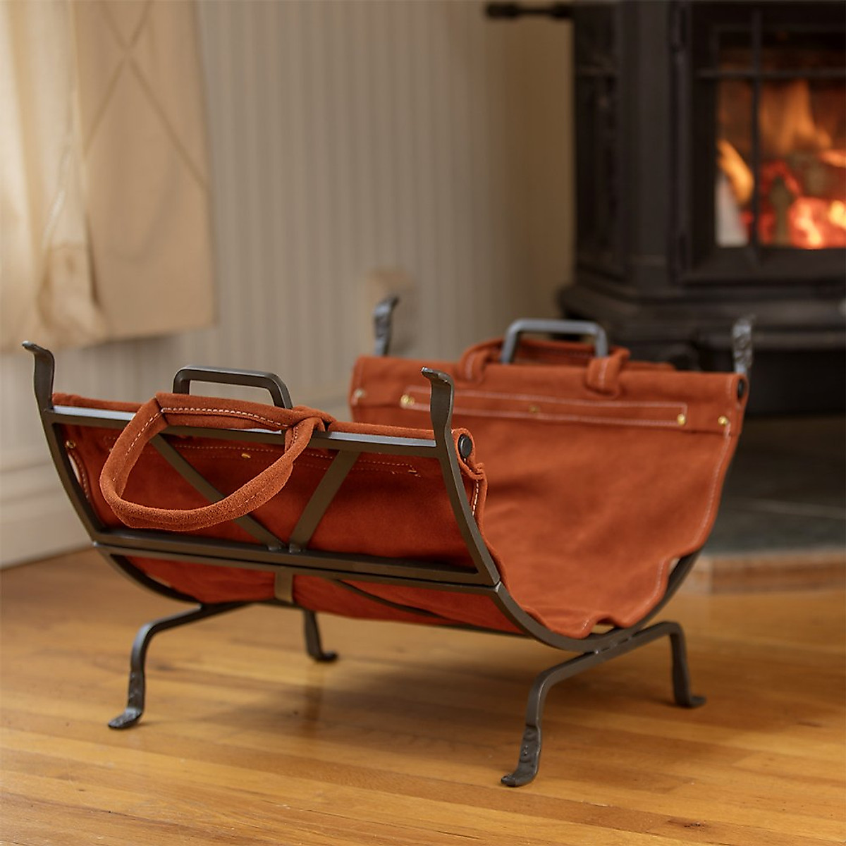 Uniflame Olde World Iron Firewood Log Holder with Suede Leather Carrier