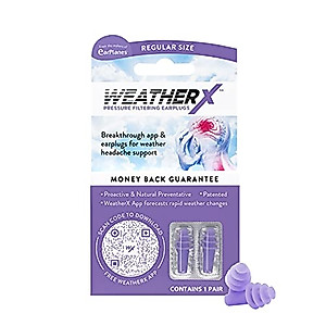 WeatherX Headache Prevention– Pressure Filtering Earplug for Shifts in Barometric Weather Pressure, Download Free Alert app (Regular 1 PK)