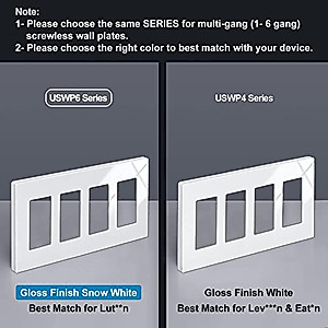 [2 Pack] BESTTEN 4-Gang Screwless Wall Plate, USWP6 Snow White Series, Decorator Outlet Cover, H4.69” x L8.35”, for Light Switch, Dimmer, GFCI, USB Receptacle