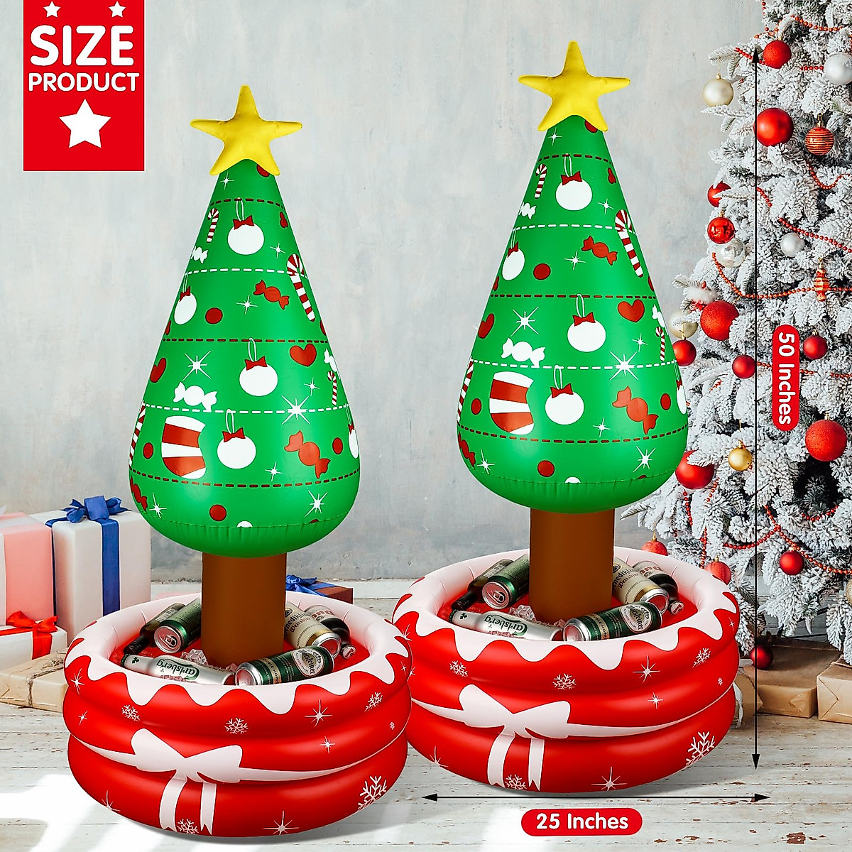 2 Pack Inflatable Christmas Tree Coolers Drink Beverage Inflatable Cooler Christmas Decorations Party Supplies for Home Office Holiday Winter Party Decorations, Multicolored, 50 x 25 Inches