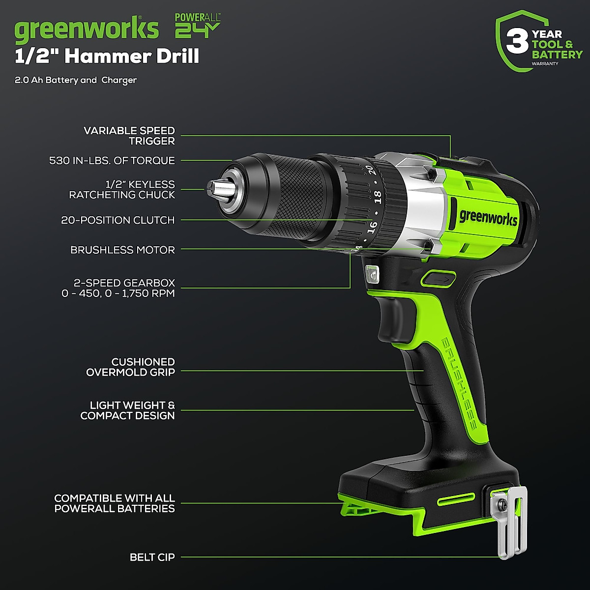 Greenworks 24V Brushless 1/2" Hammer Drill (530 in-lbs.) 2.0Ah Battery and Charger Included, DDG402