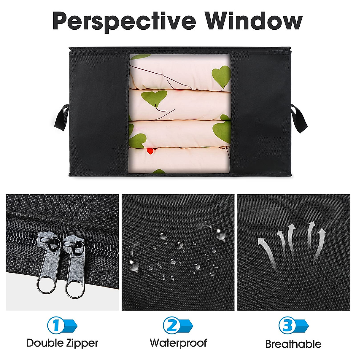 BERVES Storage Bag 90L 3 Pack, Large Capacity Foldable Closet with Reinforced Handle and Sturdy Zipper , Clear Window, Thick Fabric Organizers for Blankets, Clothes, Bedding (Black)