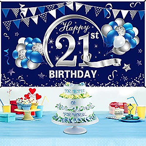 Kauayurk Happy 21st Birthday Banner Decorations for Boy Men, Blue Silver 21 Birthday Backdrop Party Supplies, 21 Year Old Birthday Photo Background Sign Decor