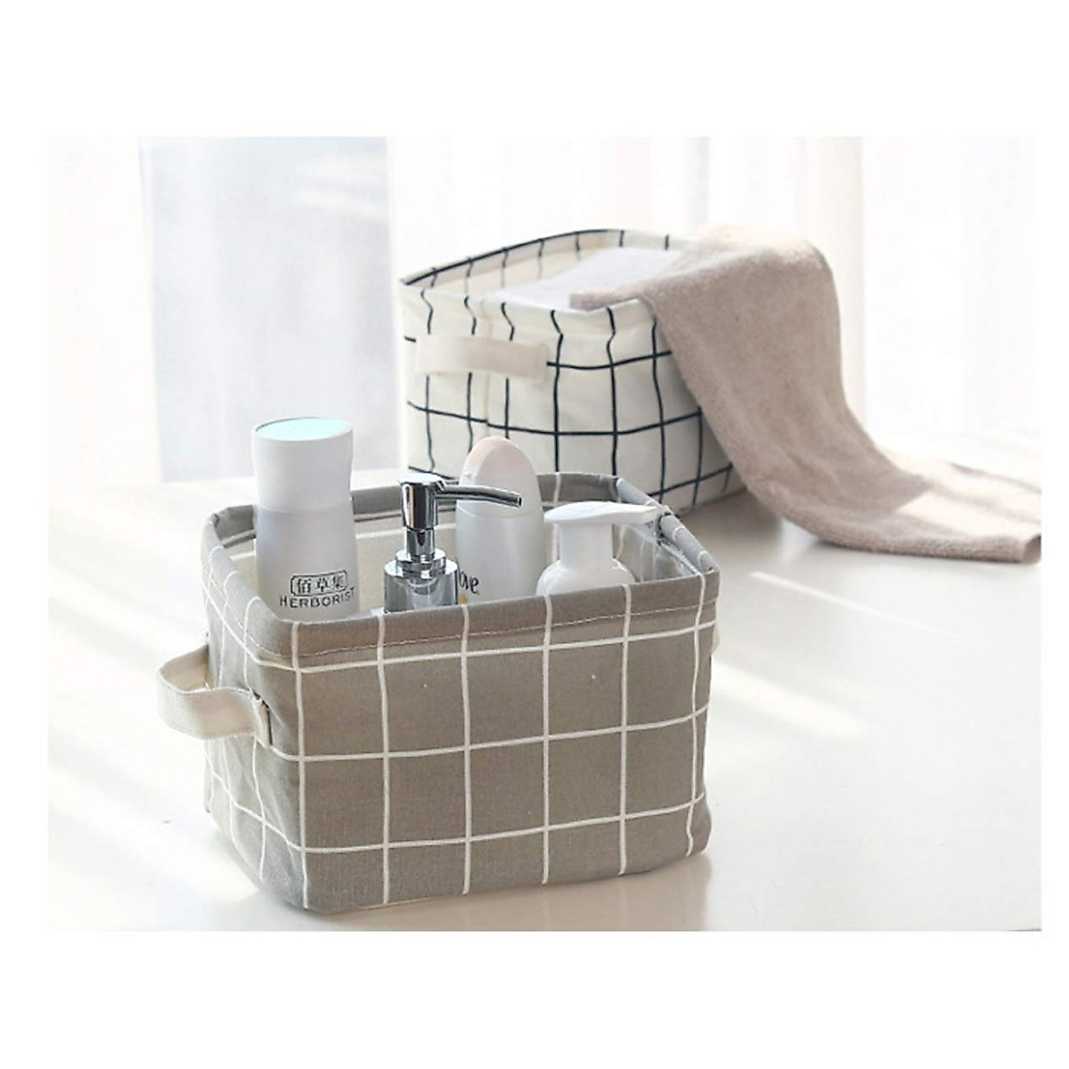 AARAINBOW 3 Packs Storage Basket Bins Canvas Mini Storage Cubes Storage Basket for Makeup, Toys Liners, Books Storage Baskets with Handles for Shelves & Desks(3 Gray)