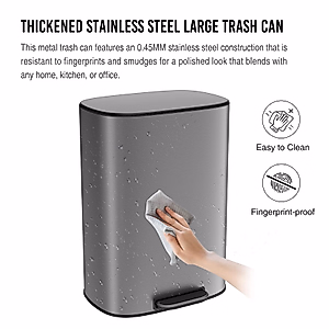 Pouseayar 13 Gallon Stainless Steel Trash Can, Silver Gray, 12.2"L x 17.7"W x 24.8"H