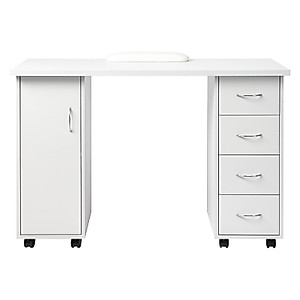 Knocbel Computer Desk Manicure Nail Table with Four Drawers and A Cabinet, with Wheels for Flexible Use, Sturdy Wooden Construction, Large Storage Space, 47.2" L x 21.3" W x 31.9" H White