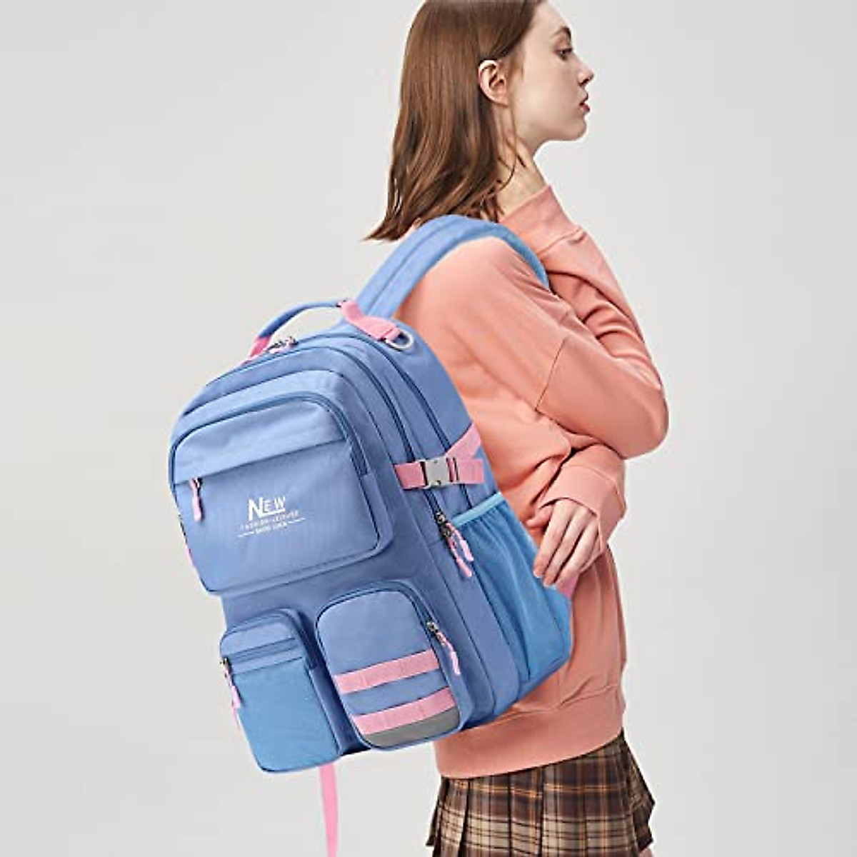 El-fmly Big School Backpack Bookbag for Teen Students, Multi Pockets Water Resistant Casual Daypack with 15.6 inch Laptop pocket for Travel (Pink)