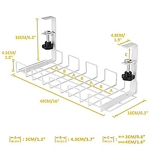 Under Desk Cable Management Tray 2 Packs, 40 cm Under Desk Cord Organizer with Clamp Mount System for Wire Management, Metal Wire Cable Holder for Desks, Offices and Kitchens, No Need to Drill Holes