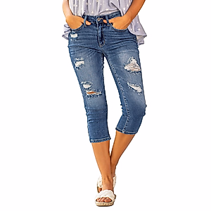 luvamia Womens Capri Jeans for Women High Waisted Skinny Ripped Jean Distressed Denim Capri Pants Casual Short Jeans Classic Blue Size Small Fits Size 4 to Size 6