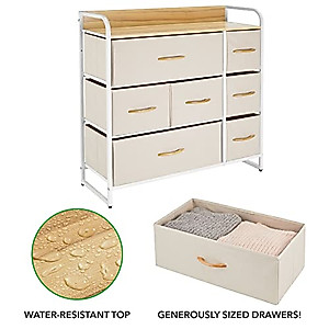 mDesign 30.9" High Steel Frame/Wood Top Storage Dresser Furniture Unit with 7 Removable Fabric Drawers - Large Bureau Organizer for Bedroom, Living Room, Closet - Cream/White