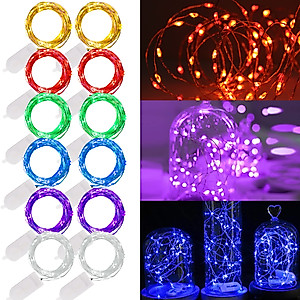 WATERGLIDE 12 Pack Fairy Lights Battery Operated (Included), 6.5ft 20 LED Mini String Lights, Waterproof Silver Wire Firefly Starry Lights for DIY Wedding Christmas Party Mason Jars Decor, Multicolor