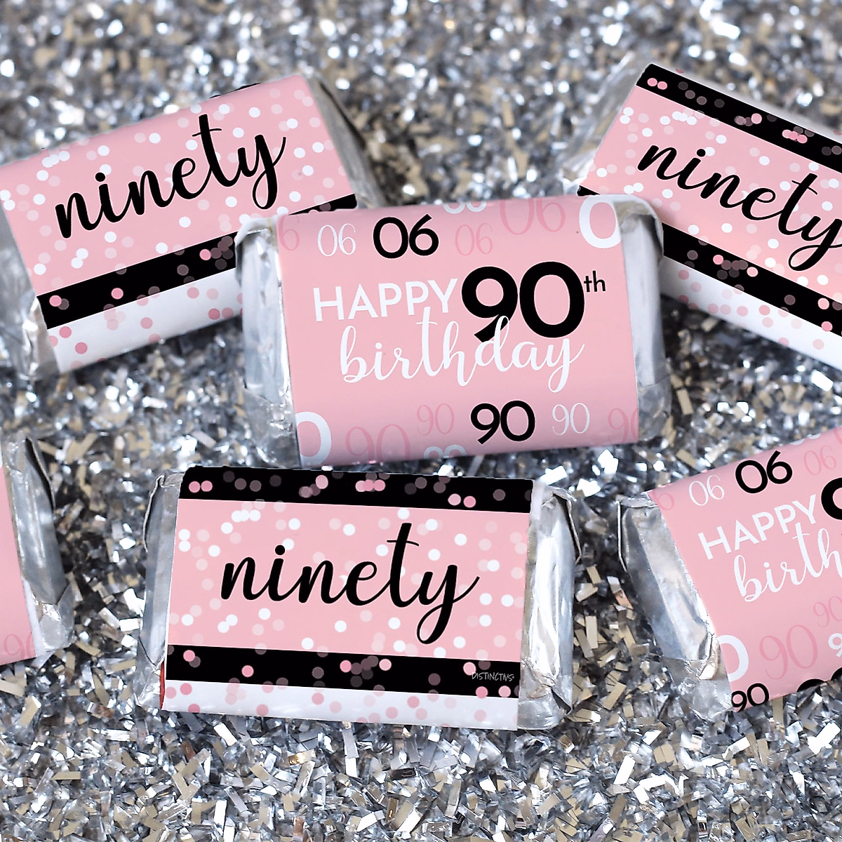 DISTINCTIVS Pink, Black, and White 90th Birthday Party Mini Candy Bar Wrappers - 45 Count, 90th Birthday Decorations for Women