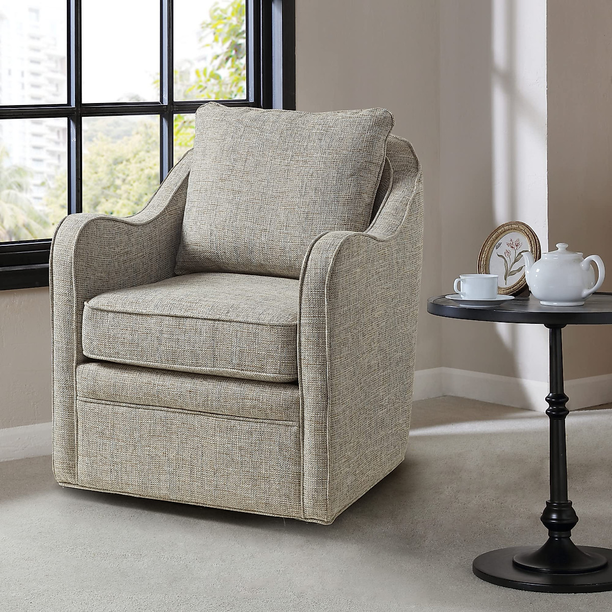 Madison Park Brianne Swivel Accent Chair, 360 Degree Armchair with Metal Base Stand, Pillowback Support, Slub Weave, Wide Seat for Nursery or Living Room Fully Assembled, Grey