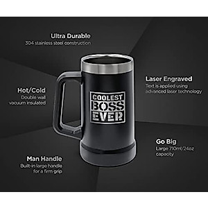 GALVANOX Boss Gift XL Stainless Steel Beer Mug - Insulated 24oz Large Beer Stein with Handle for Christmas/Office Appreciation Day, Gift Boxed Tumbler Cup (Laser Etched “Coolest Boss Ever”)