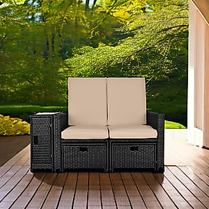VUYUYU 5PCS Outdoor Wicker Chaise Lounge Chair - Rattan Adjustable Reclining Patio Lounge Chair with Ottoman and Coffee Table, for Patio Beach Pool Backyard (Black Wicker Khaki Cushion)