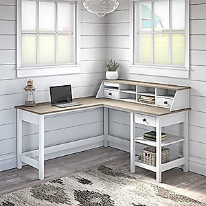Bush Furniture Mayfield L Shaped Computer Desk with Desktop Organizer, 60W, Pure White and Shiplap Gray