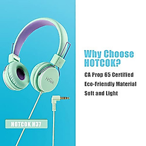 HOTCOK H37 Kids Headphones for Girls Boys Foldable Adjustable On Ear Headphones 3.5mm Jack Wired Cord for School,Home,Airplane,Car(Green/Purple)