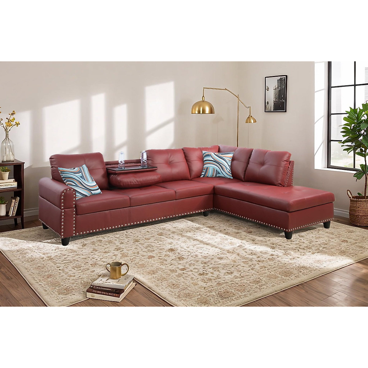 LOPOO Modern Red L-Shaped Sectional Couch, Button Tufted Upholstered Modular Faux Leather Large Sofas with Chaise Lounge, Living Room Furniture Sets w/Foldable Console and Cup Holders (Red)