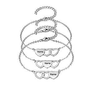 Ashleymade 3PCS Personalized Name Heart Bracelet Best Friend Bracelet for 3 Sister Jewelry Link Chain Gift Friendship Adjustable Custom Names Engraved Love Bracelets for Women (3PCS)