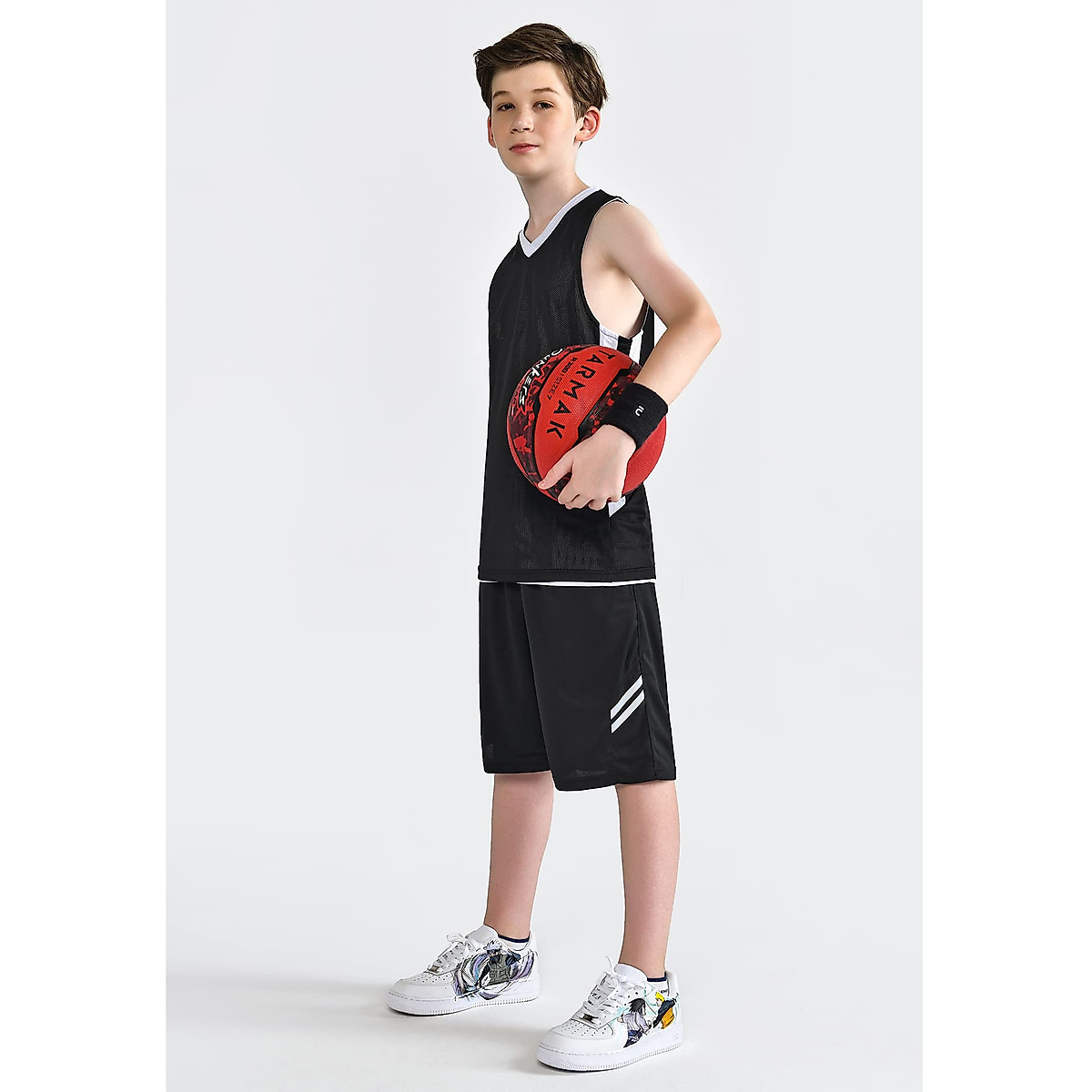 Youth Boys Reversible Mesh Performance Athletic Basketball Jerseys Blank Team Uniforms for Sports Scrimmage (1 Piece) (Blk/Wht, Youth Large)